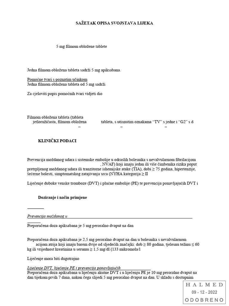 Apiksaban Pliva 5 MG Filmom Oblozene Tablete SPC | PDF