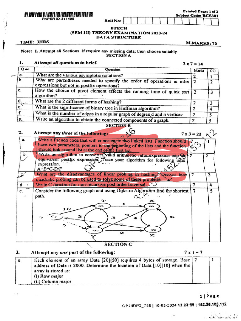 Btech Cs 3 Sem Data Structure Bcs301 Mar 2024 | PDF