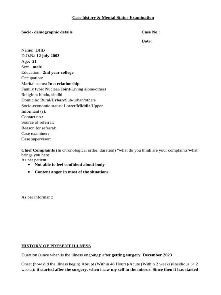 Case History & Mse Format | PDF | Mental Disorder | Menstruation