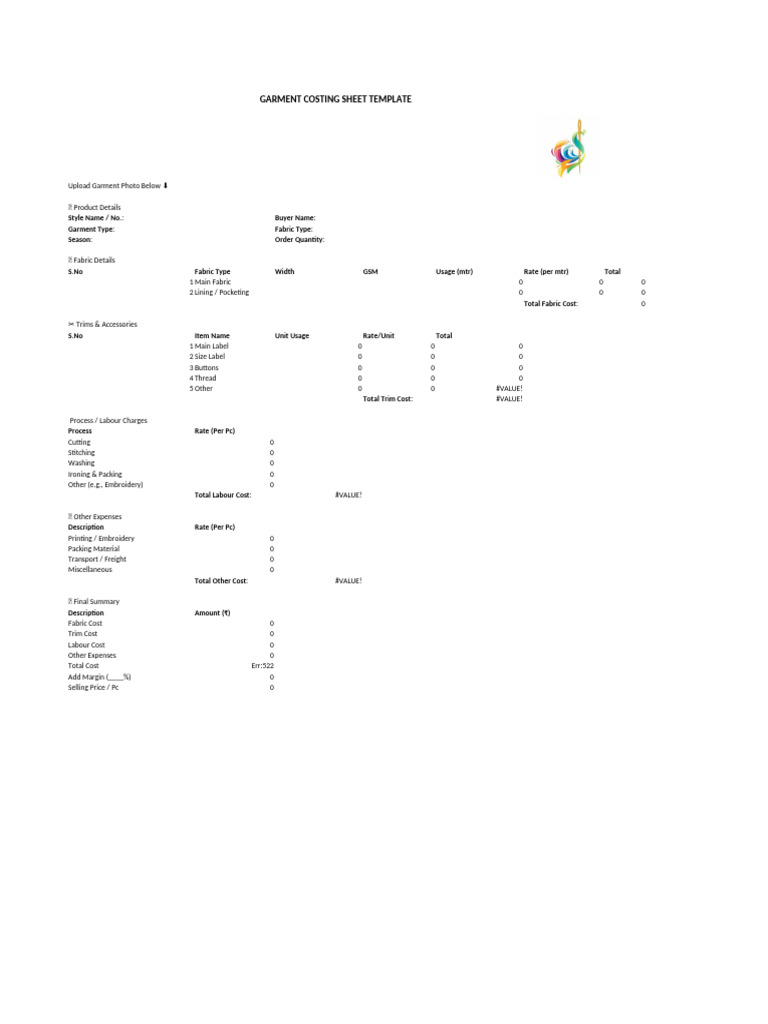 Garment Costing Sheet Template | PDF | Textiles | Embroidery