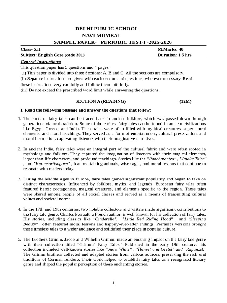 Sample Paper - Periodic Test 1 - 2025-2026 | PDF | Fairy Tales ...