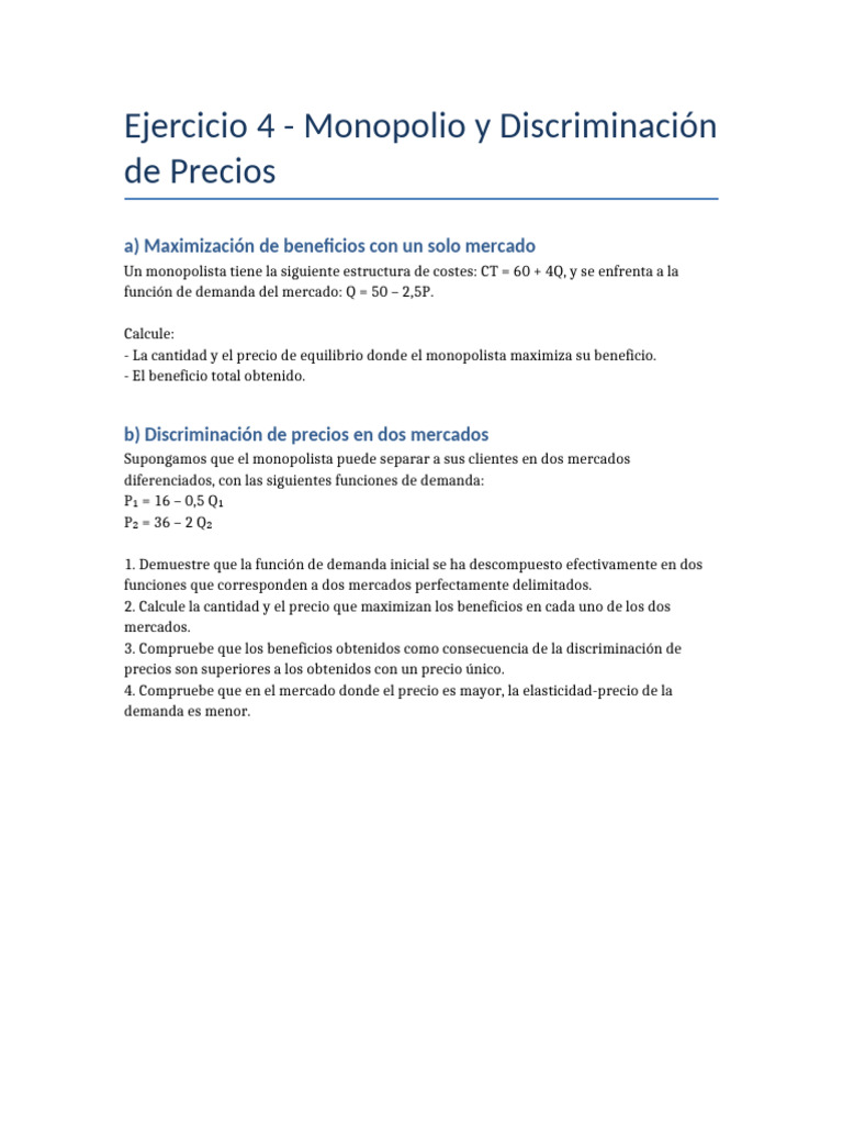 Ejercicio4 Monopolio Discriminacion | PDF