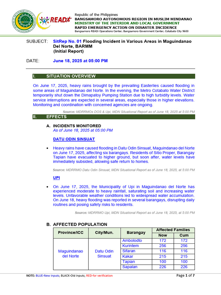 06.18.25 1700H Sitrep No 01 Initial Report Flooding Incident Due To Easterlies in MDN BARMM ...