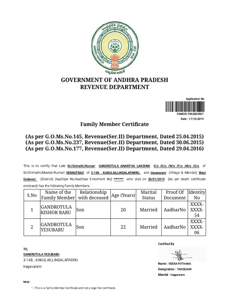 Family Member Certificate | PDF | Government | Legal Documents