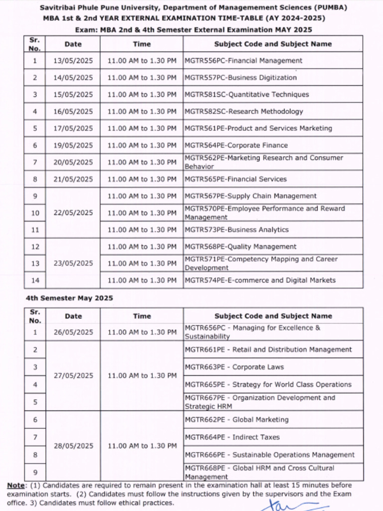 MBA Exam Time Table May 2025 | PDF
