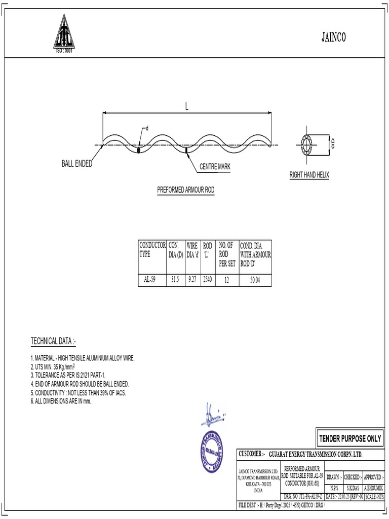 AL-59 Conductor Armour Rod Specs | PDF | Materials | Building Engineering