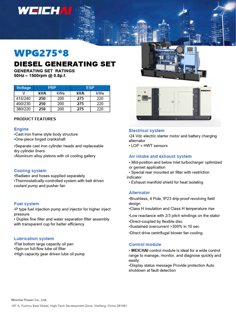 Weichai WPG275 Diesel Generator Specs | PDF | Diesel Engine | Engines