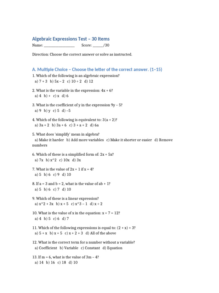 Algebraic Expressions Test | PDF