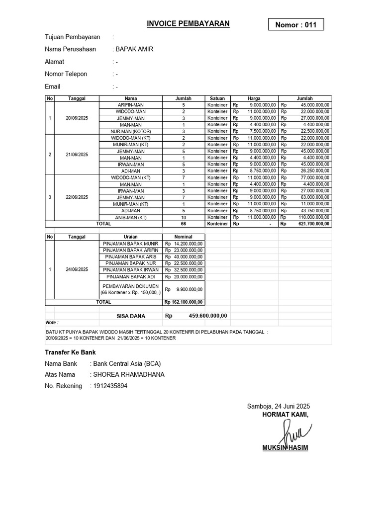 Invoice Pembayaran Bapak Amir 011 | PDF