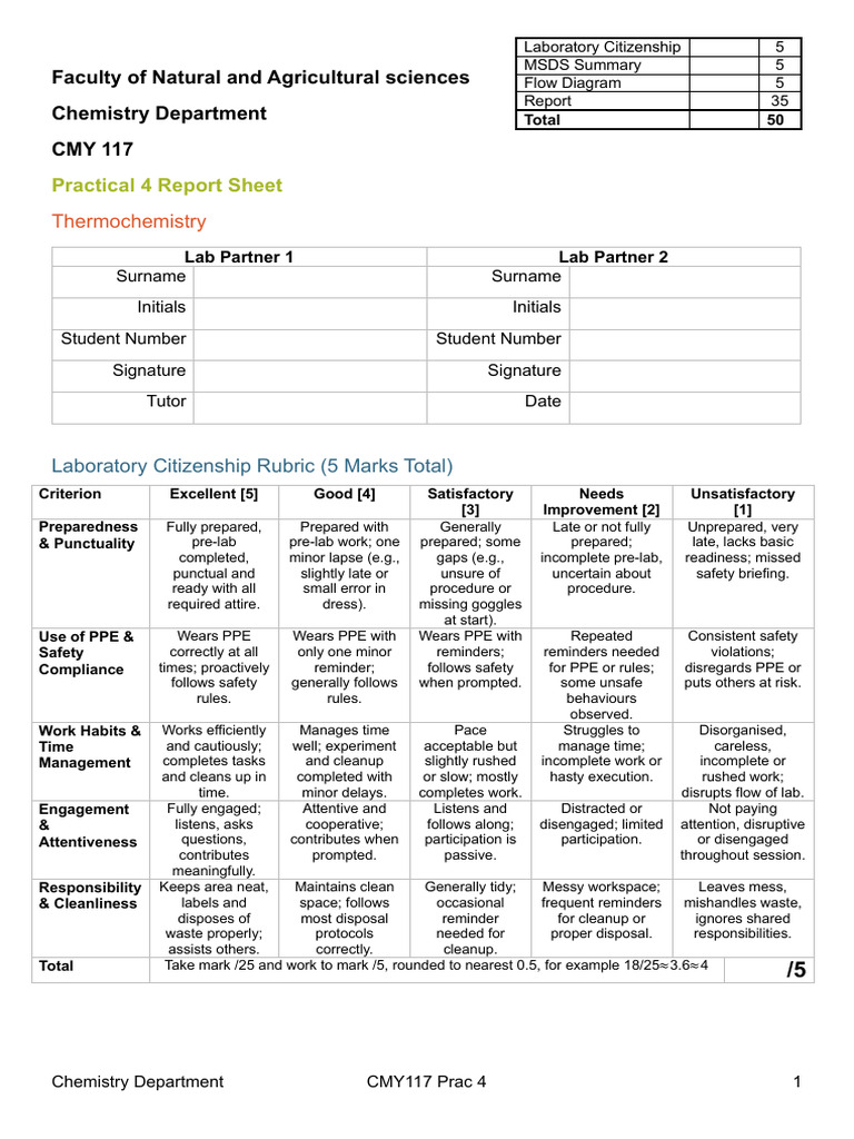 CMY 117 Practical 4 Report Sheet | PDF | Toxicity | Enthalpy