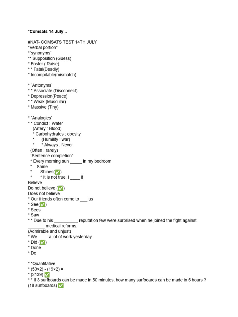 Comsats Test Review: Verbal & Quantitative | PDF | Cell (Biology ...