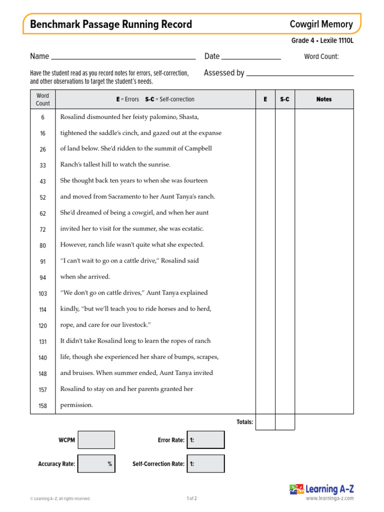 Grade 4 Running Record: Cowgirl Memory | PDF | Cowboys | Ranches