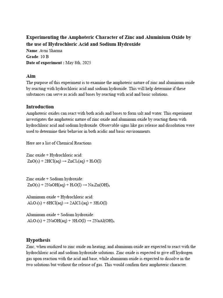 Experimenting The Amphoteric Character of Zinc and Aluminium Oxide ...