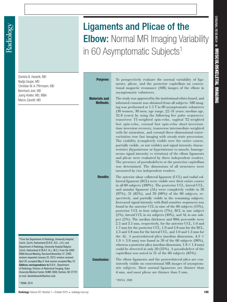 Husarik Et Al 2010 Ligaments and Plicae of The Elbow Normal MR Imaging ...
