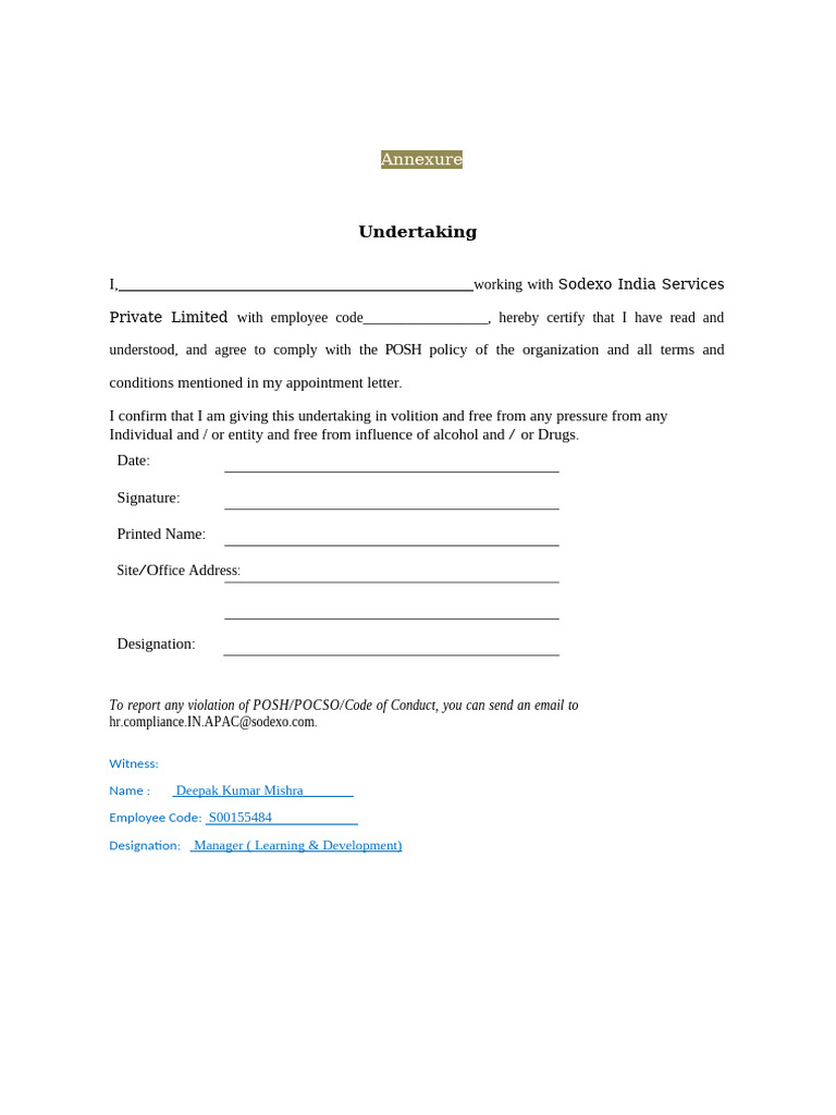 POSH Compliance Undertaking Form | PDF