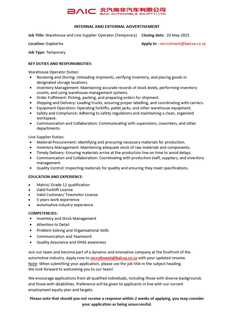 Job Posting - Warehouse and Line Supplier Operator (Temporary) | PDF ...
