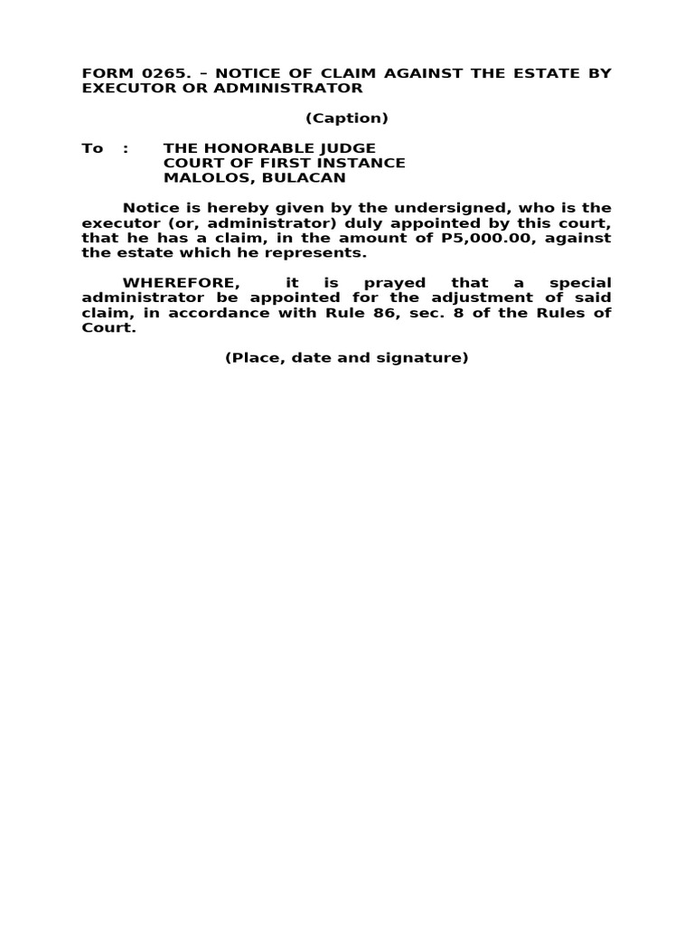 Form 0265 Notice of Claim Against The Estate by Executor or ...