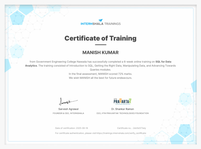 Manish Kumar's SQL Training Completion | PDF