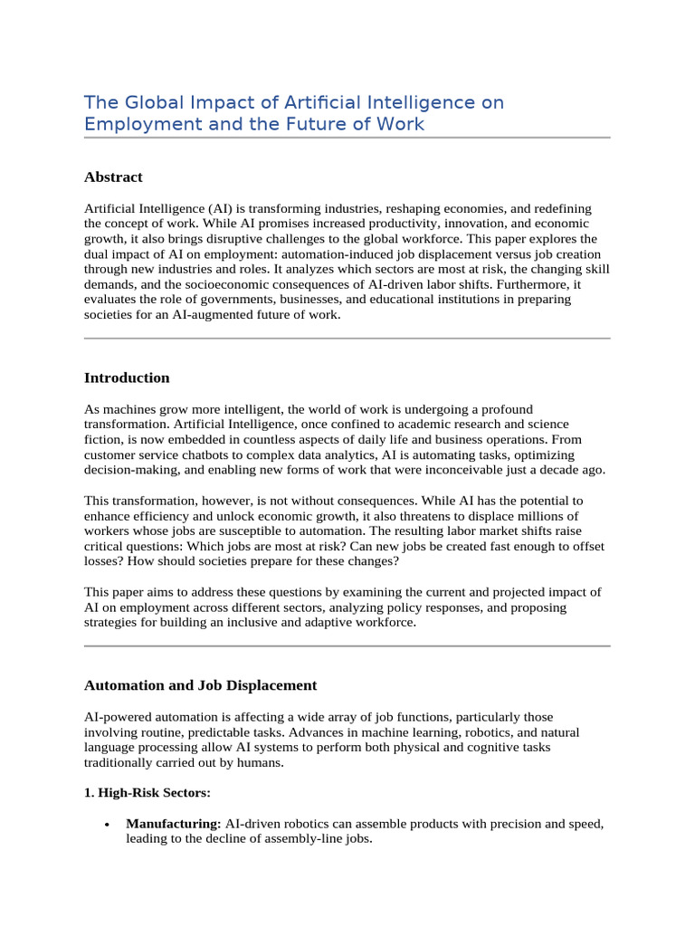 The Global Impact of Artificial Intelligence On Employment and The ...