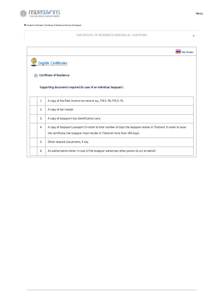 Thailand Tax Residency Certificate Guide | PDF | Taxes | Taxpayer
