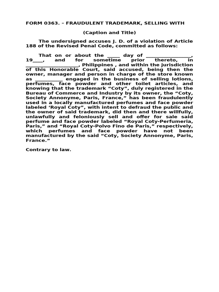 Form 0363 Fraudulent Trademark, Selling With | PDF