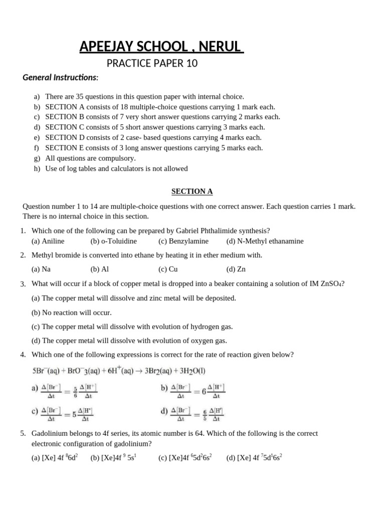 APEEJAY SCHOOL Nerul Practice Paper 10 | PDF | Chemical Elements ...