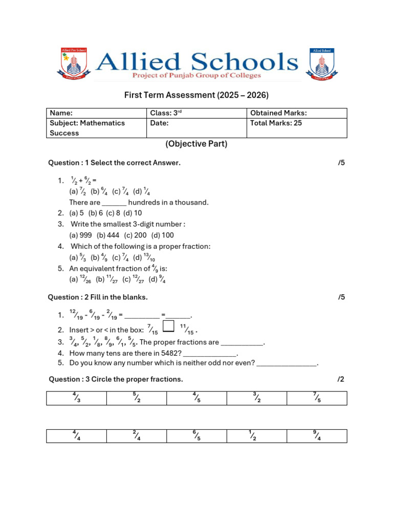 Class 3rd Success Maths Paper | PDF