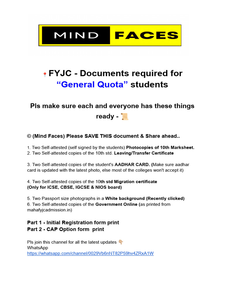 Mind Faces - General Quota Documents Required FYJC | PDF