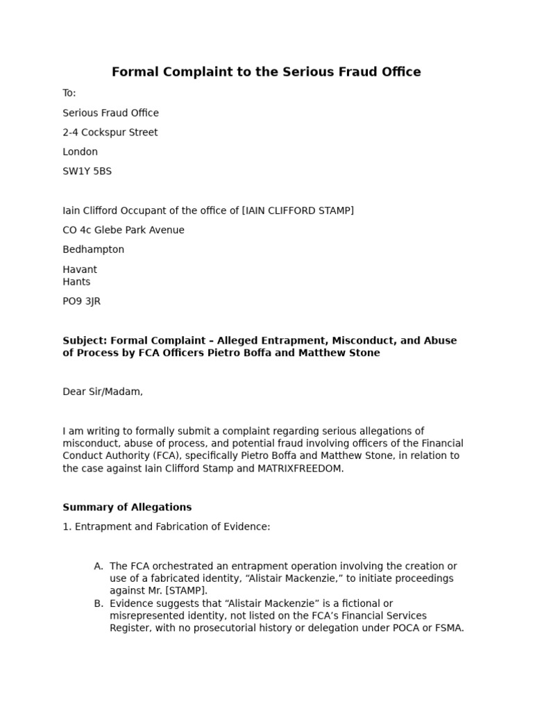 Formal Complaint To The Serious Fraud Office Matthew Stone and Pietro ...