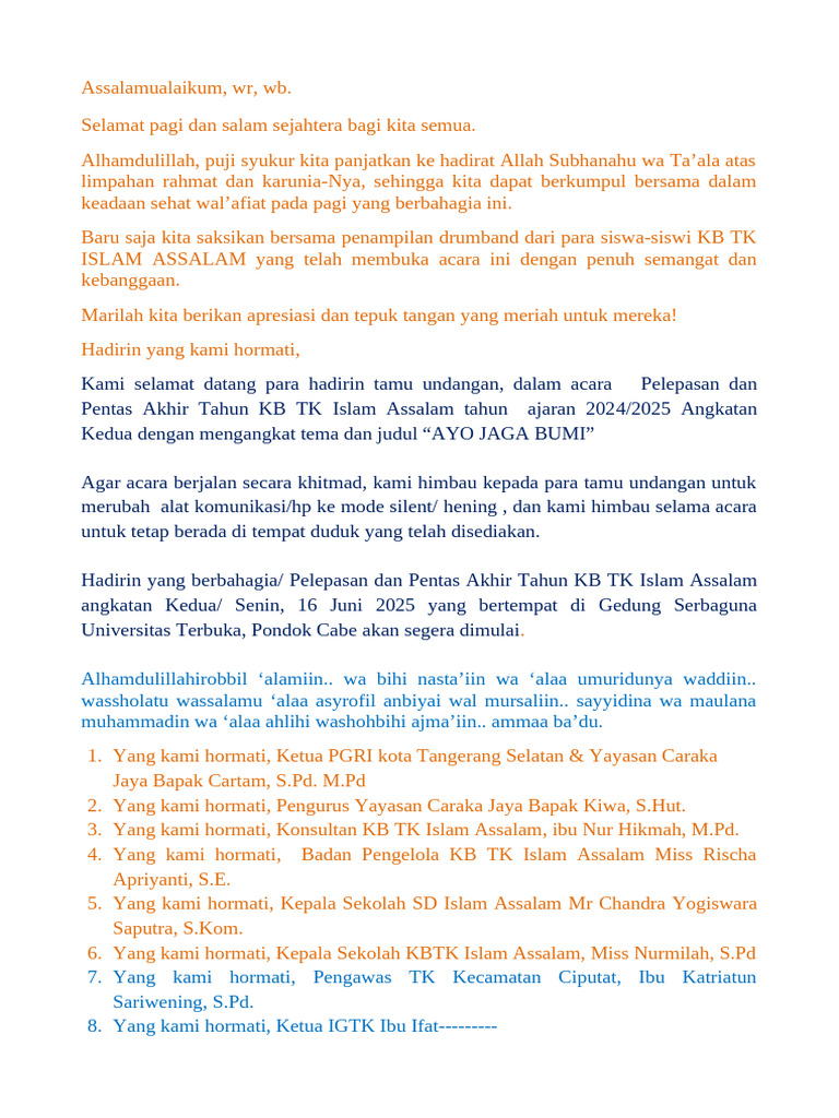 FIX - NASKAH MC Pelepasan TK Angkatan Ke 2 | PDF
