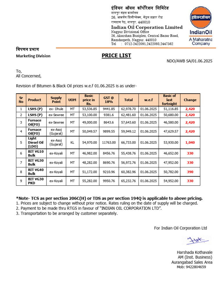 IOCL Bitumen Price List 2025 | PDF | Fossil Fuels | Energy Industry