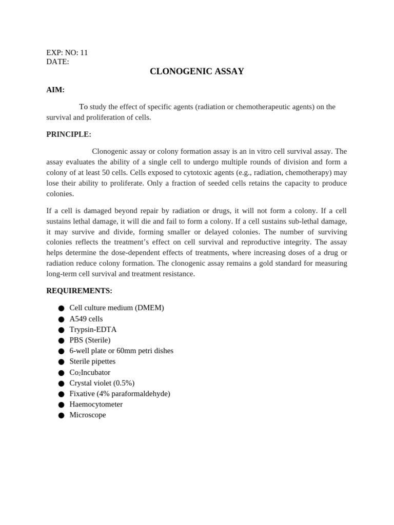 Expt. 11 Clonogenic Assay | PDF | Chemotherapy | Radiation Therapy