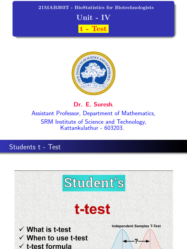 21MAB303T - Unit 4 T-Test 2023 | PDF | Student's T Test | Biostatistics