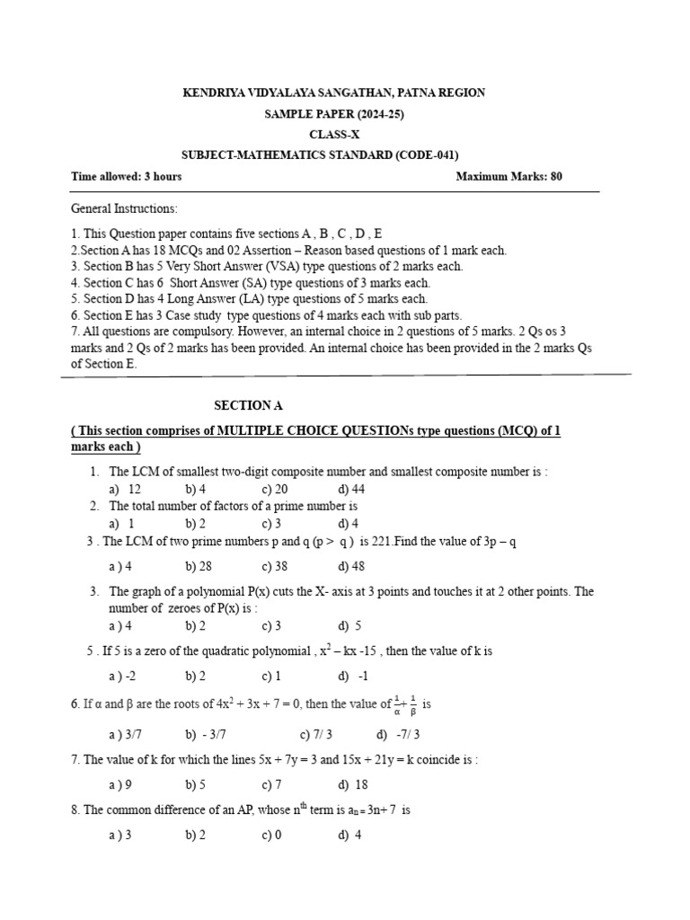 Class 10 Mathematics Sample Paper 2024-25 | PDF | Circle | Area