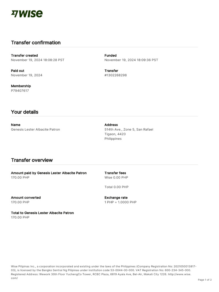 Wise Transaction Invoice Transfer 1302268298 4296232068 en | PDF ...