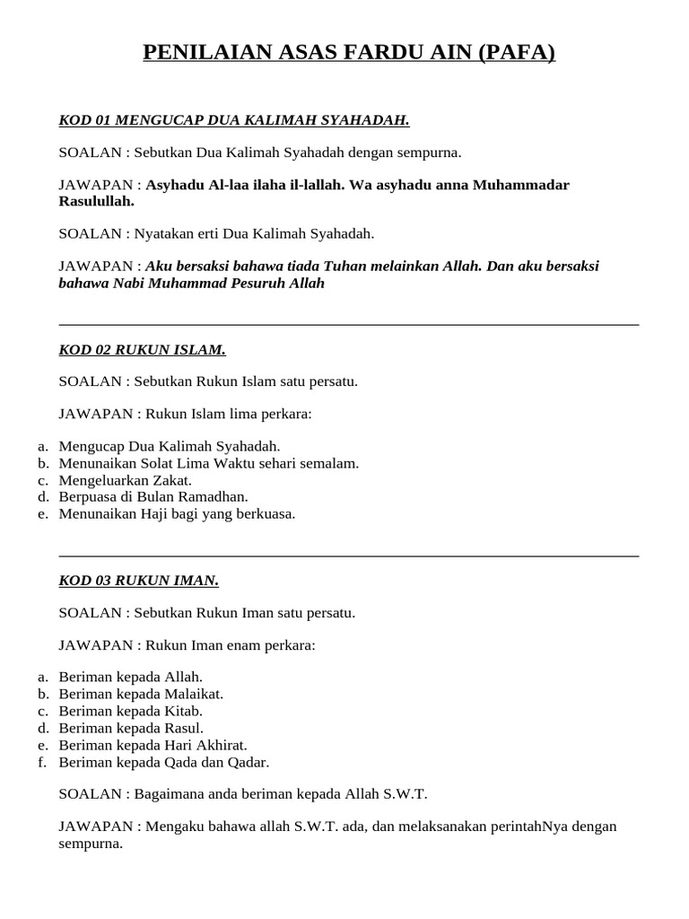 Penilaian Asas Fardu Ain Tahun 1 | PDF