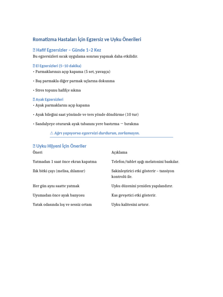 Romatizma Egzersiz Ve Uyku Onerileri | PDF