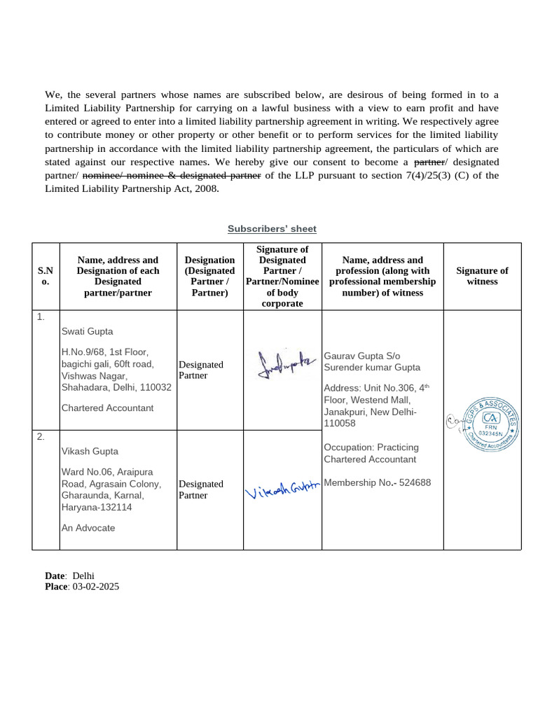 LLP Subscriber Sheet and Consent Form | PDF | Limited Liability ...