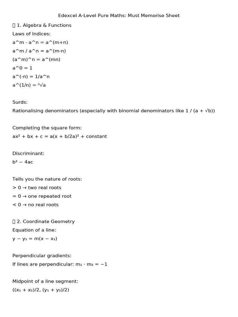 Edexcel A-Level Maths Formula Sheet | PDF