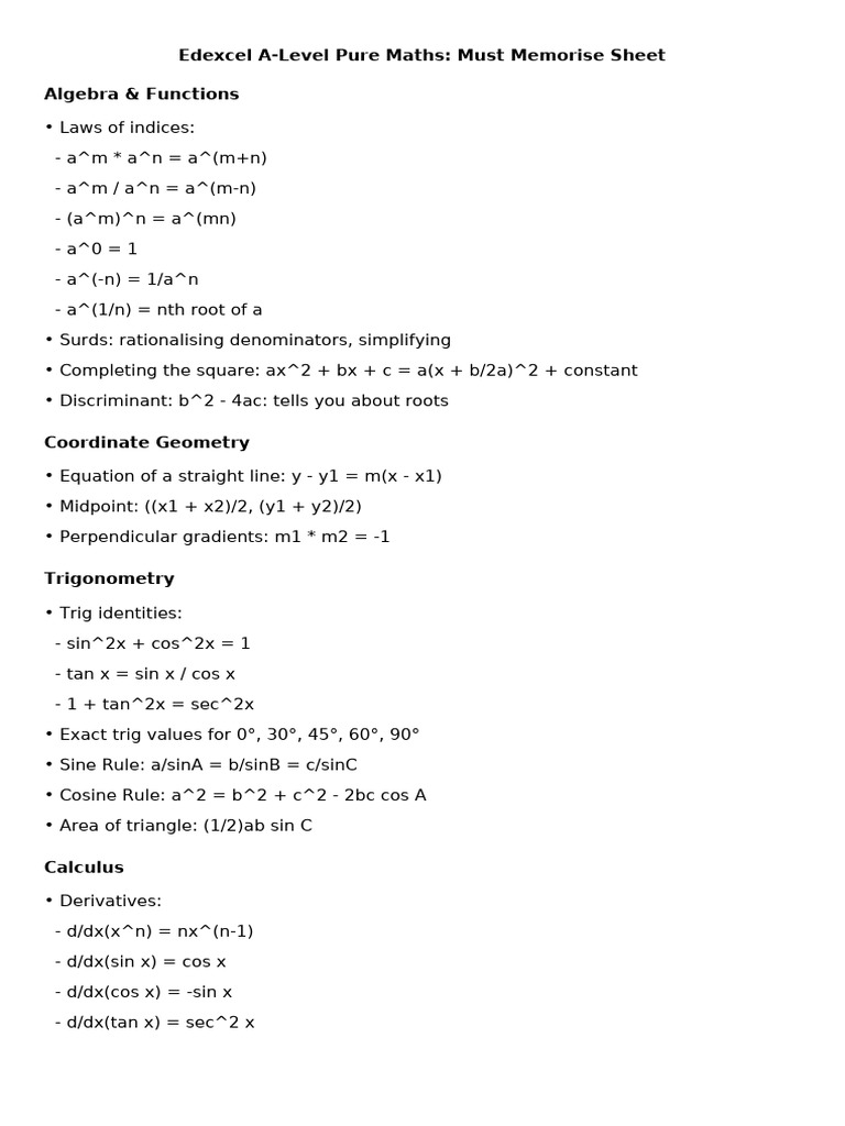 A-Level Pure Maths Key Formulas Guide | PDF