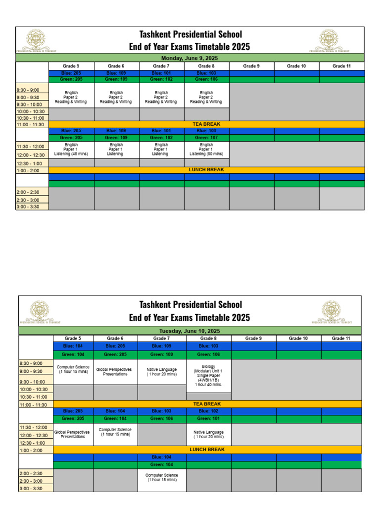 Tashkent PS - 2024 - 2025 - EOY Exam Timetable With Rooms | PDF ...
