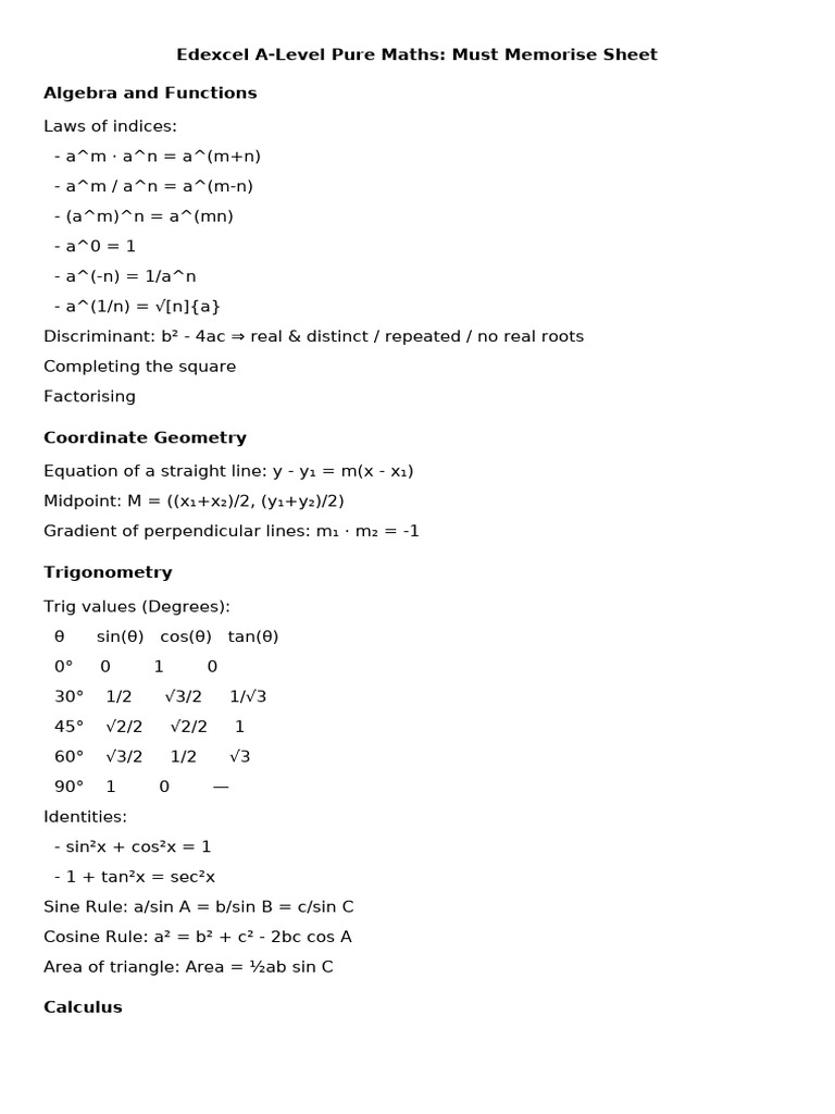 Edexcel A-Level Maths Formula Sheet | PDF