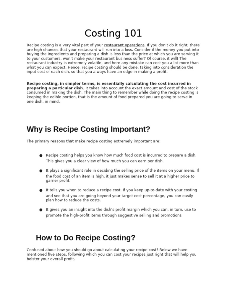 Importance of Recipe Costing 101 | PDF | Prices | Profit (Economics)
