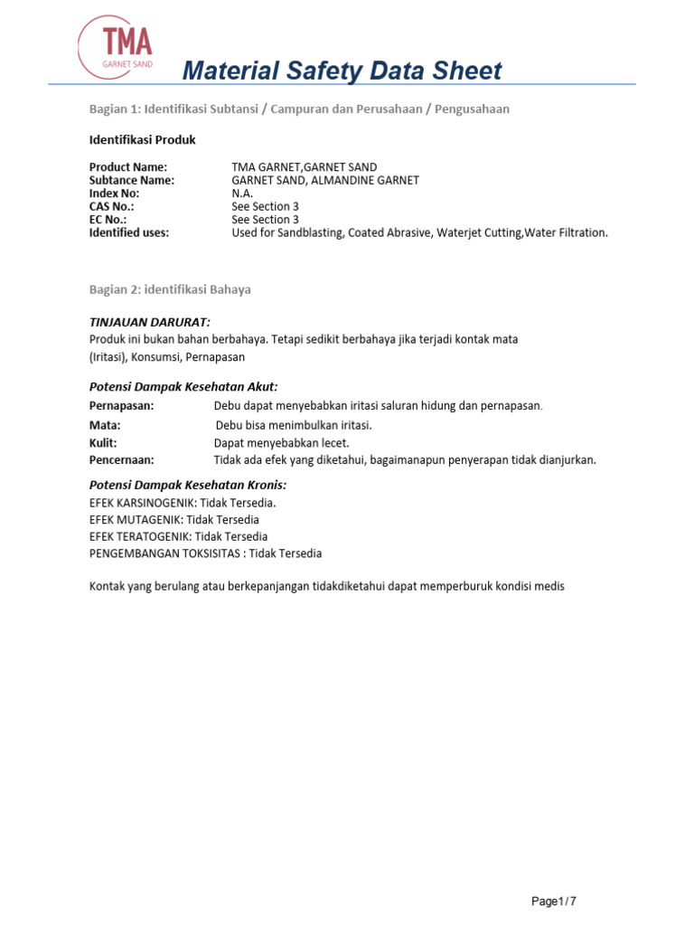 MSDS TMA Garnet dan Keamanannya | PDF