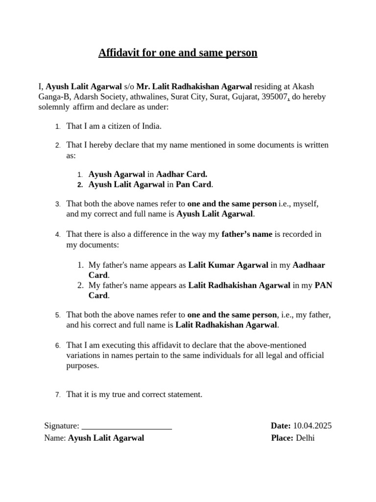 Affidavit of One and Same Person | PDF