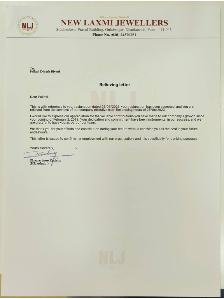 Pallavi Biyani Old Job Reliving Letter | PDF