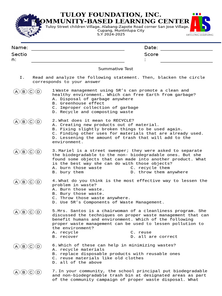 Summative Test on Waste Management | PDF | Waste | Waste Management
