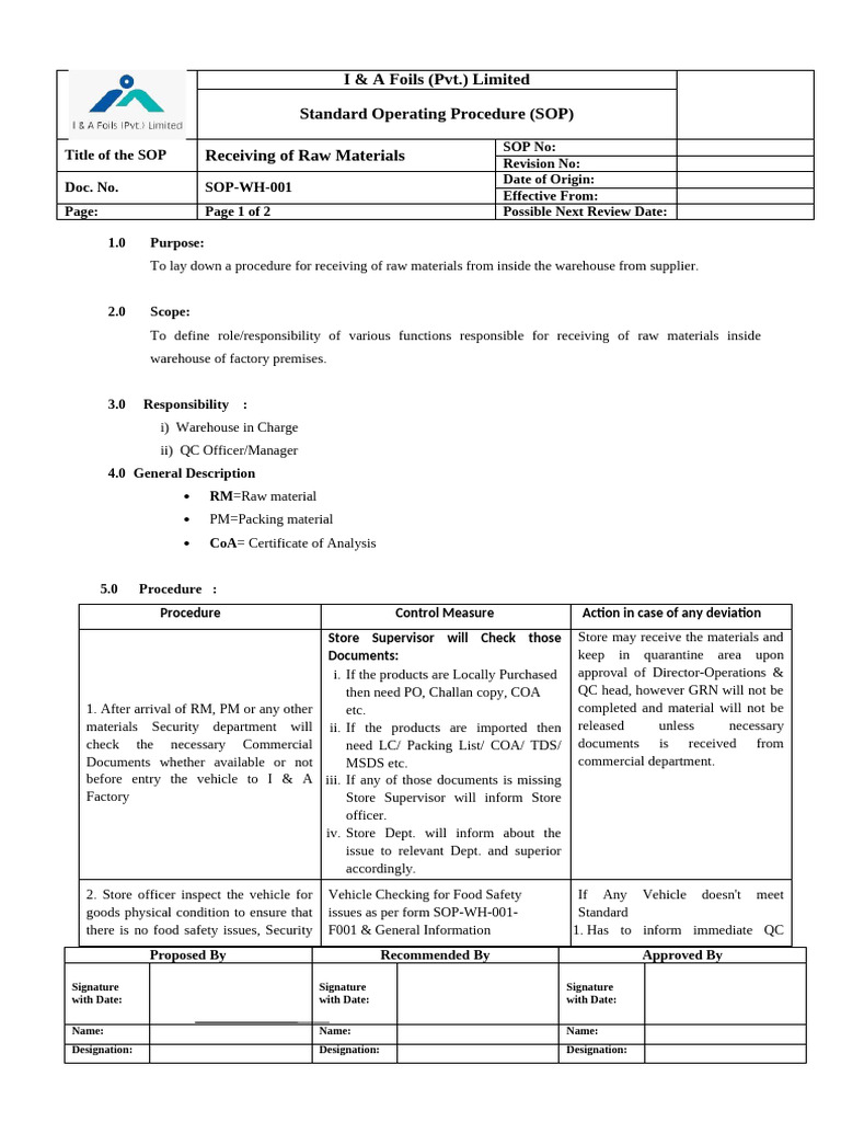 001 WH Receiving of Raw Materials | PDF | Safety