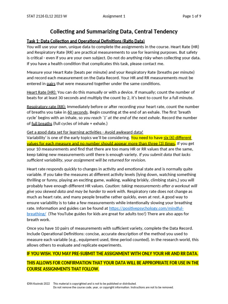 Stat 2126 2023w A1 Data CT 2023w Rkozinski | PDF | Mean | Mode (Statistics)