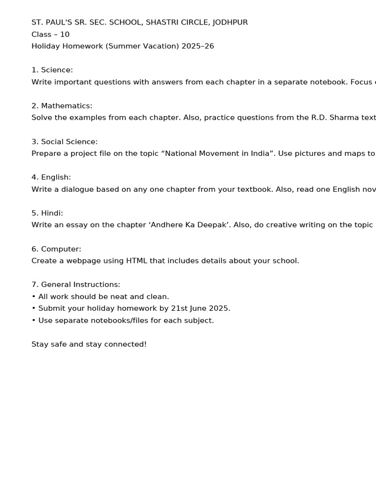 Class 10 Holiday Homework 2025-26 | PDF